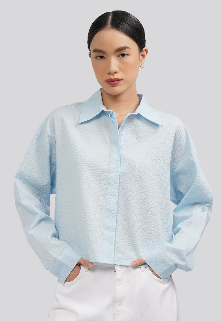 Rippled Long Sleeve Crop Blouse Ice Blue – EXECUTIVE