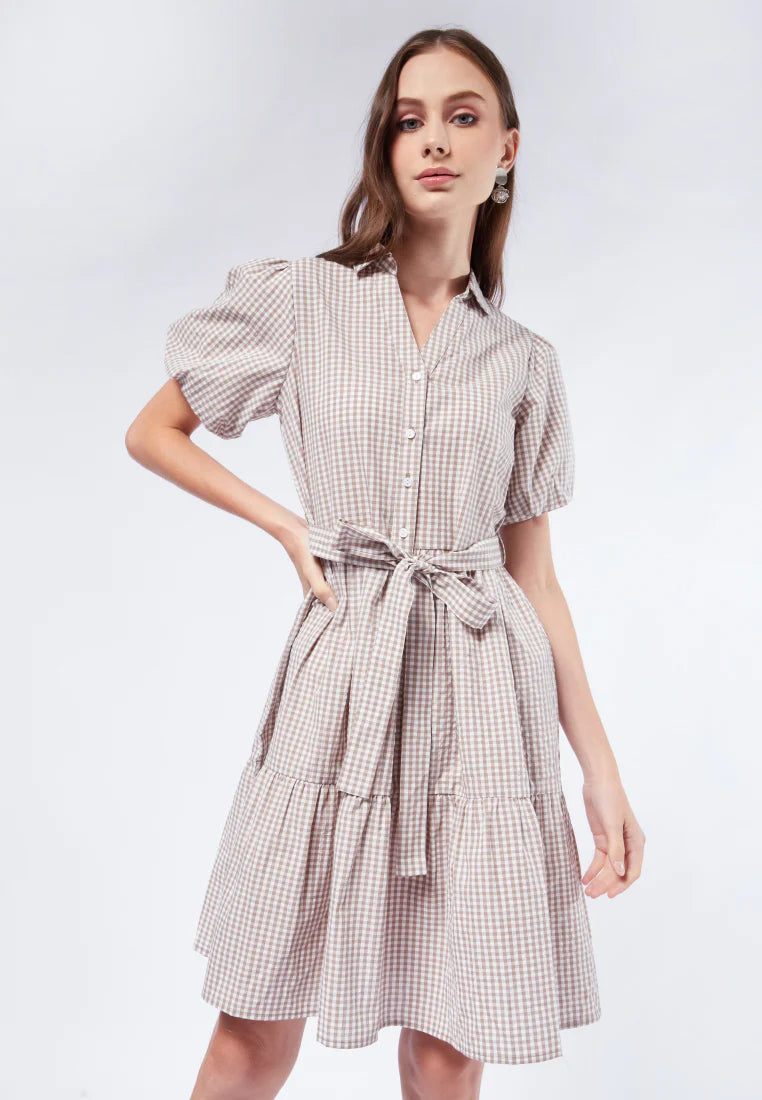 Gingham Balloon Sleeve Tiered Dress Executive